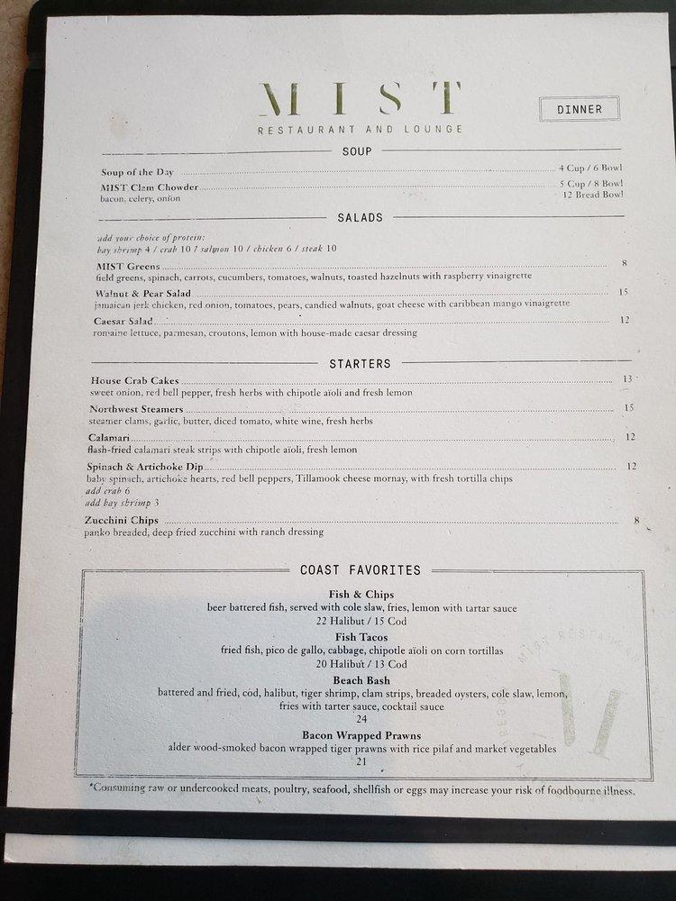 Menu at MIST Restaurant & Lounge, Lincoln City
