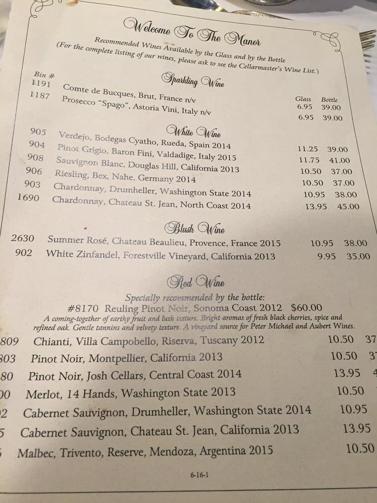 Menu at Manor restaurant, West Orange