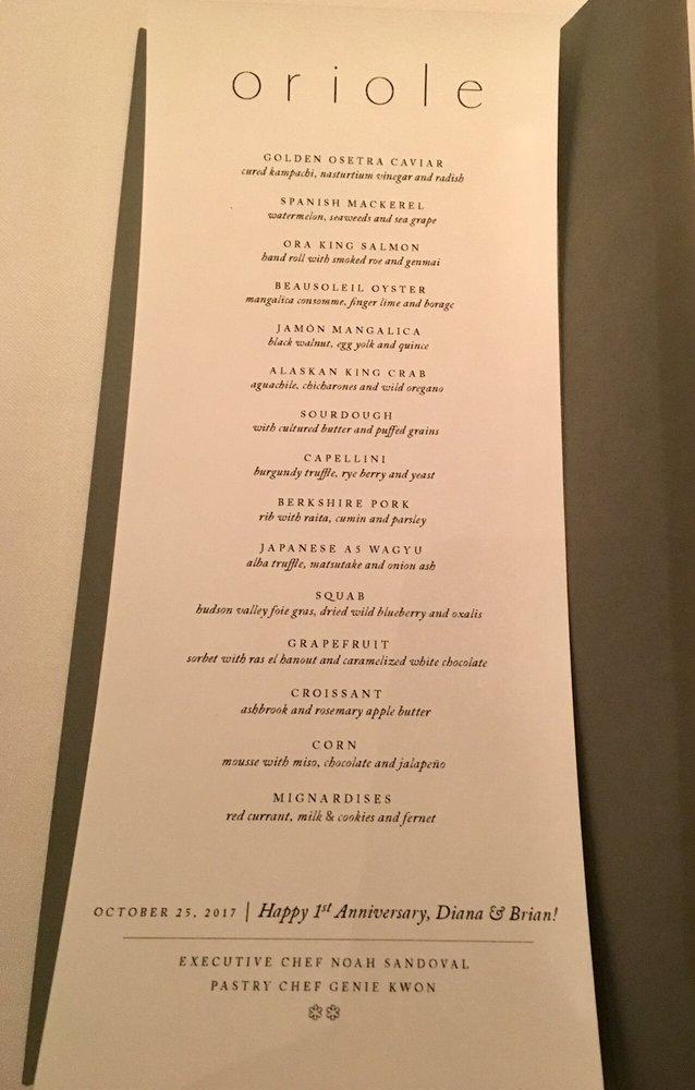 Menu at Oriole restaurant, Chicago