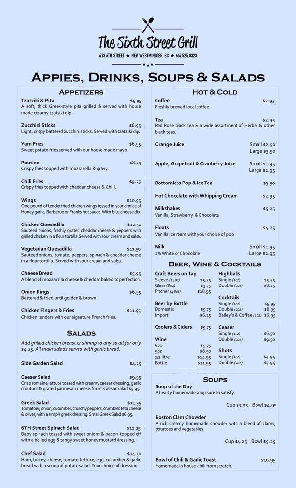 Menu at Sixth Street Grill restaurant, New Westminster