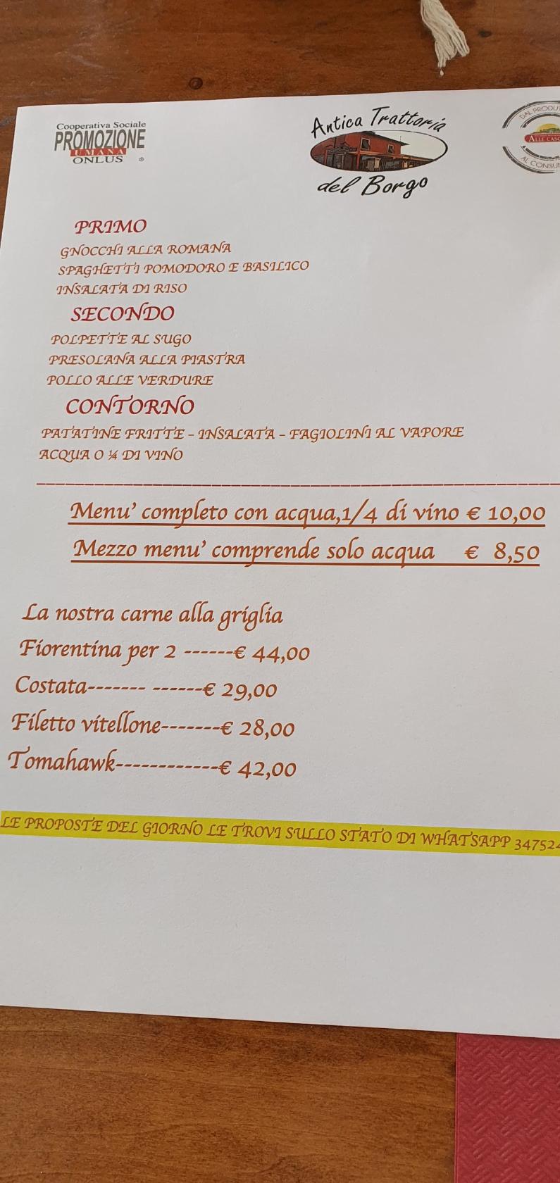 Menu at Antica Trattoria del Borgo restaurant, San Giuliano Milanese