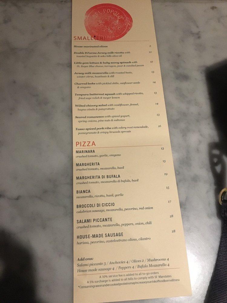 Menu at Del Popolo pizzeria, San Francisco, 855 Bush St
