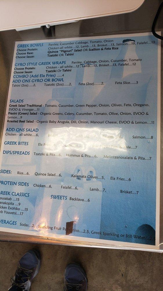 Menu at Ela Greek Eats restaurant, Culver City