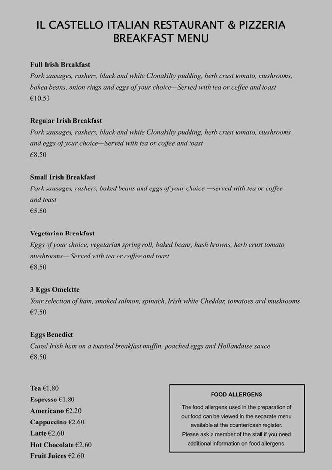 Menu at Il Castello Italian Restaurant & Pizzeria Castlebar, Castlebar