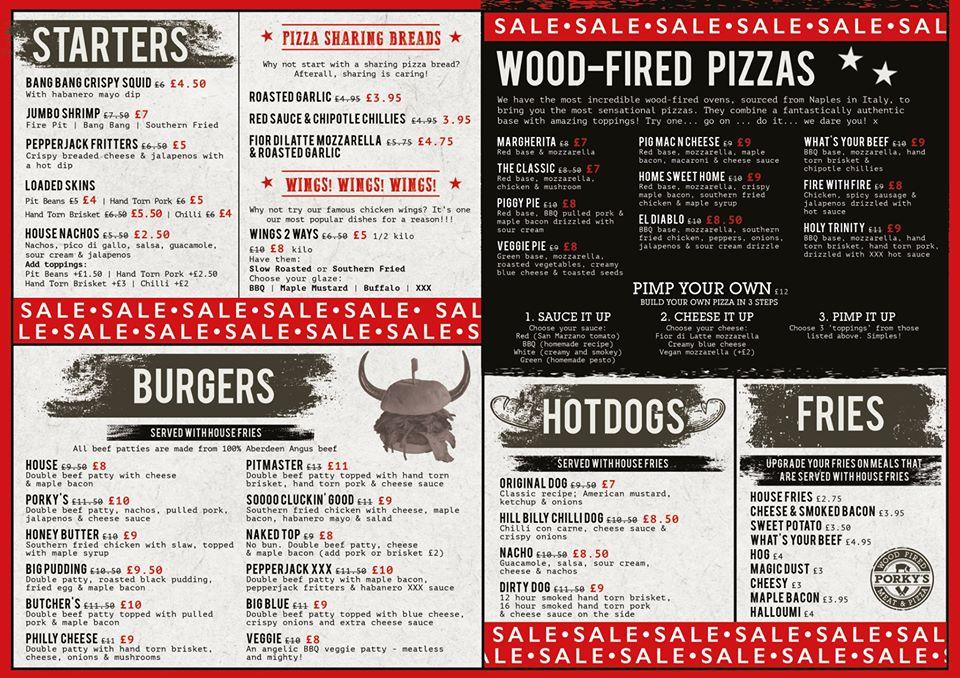 Carta del restaurante Porky's Low Fell, Gateshead