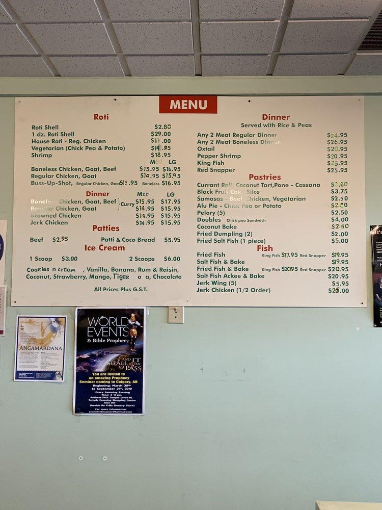 Menu at The Roti Hut restaurant, Calgary