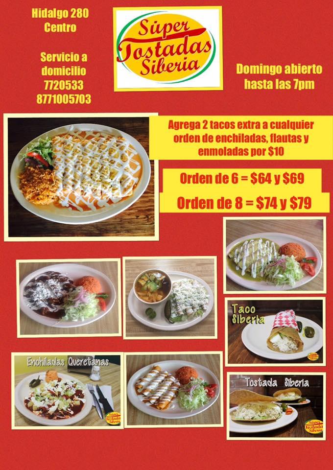 Menu at Super Tostadas Siberia restaurant, Ciudad Acuña