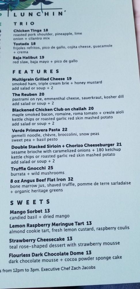 Menu at The One Eighty restaurant, Toronto