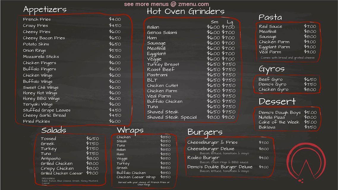 Menu at Demo's Pizza Factory pizzeria, Warwick, Warwick Ave