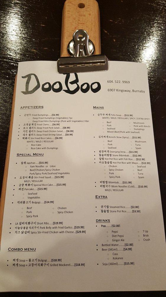 Menu at DooBoo restaurant, Burnaby