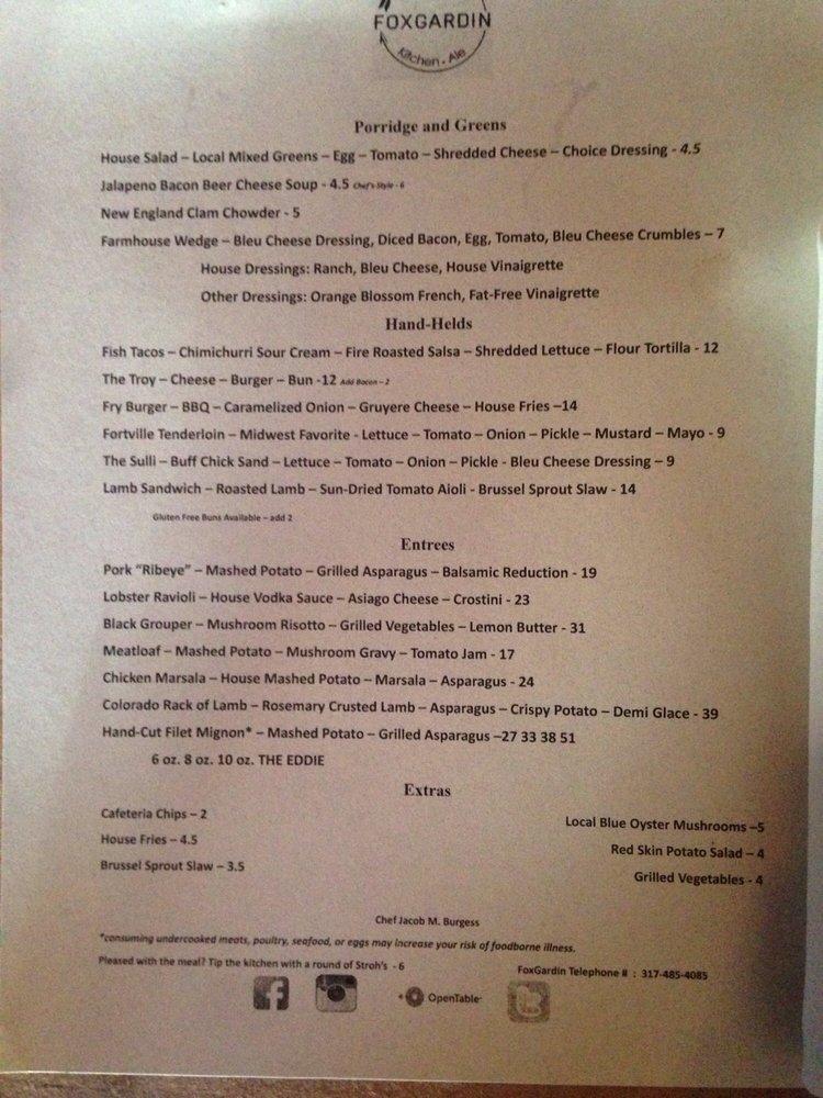 Carta del restaurante FoxGardin Kitchen & Ale, Fortville