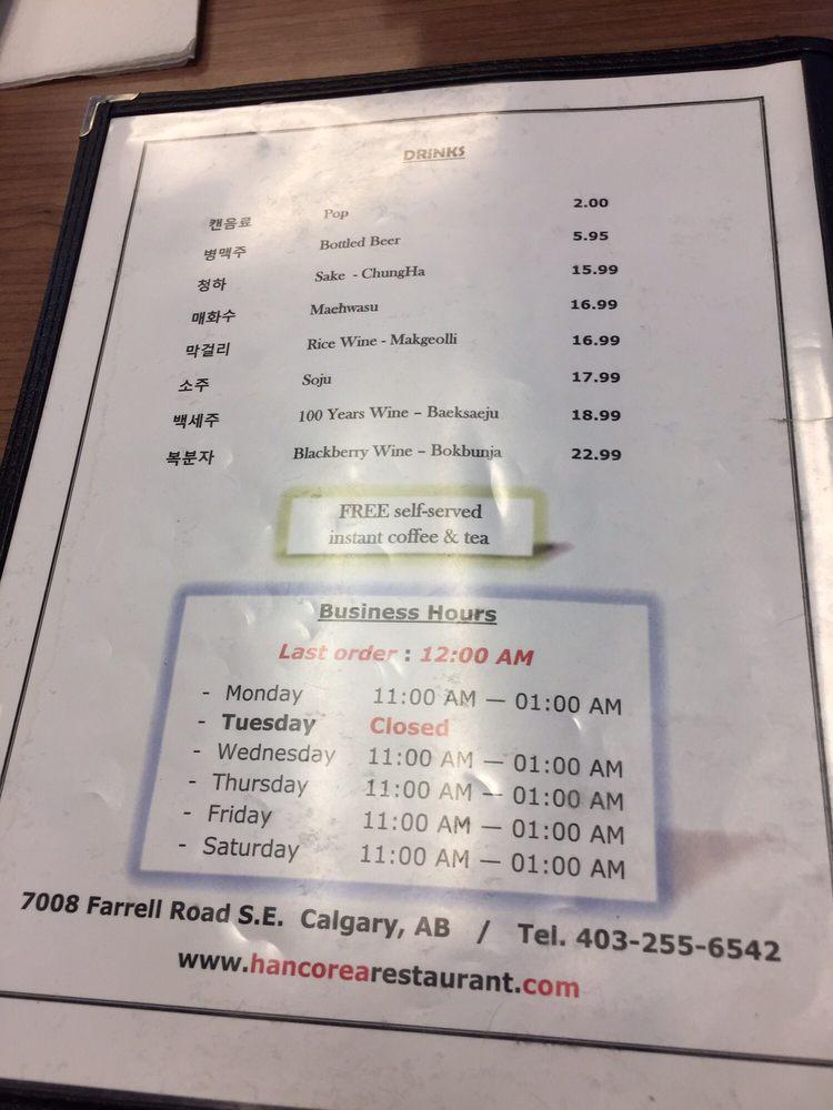 Menu at HAN COREA restaurant, Calgary, Farrell Rd SE