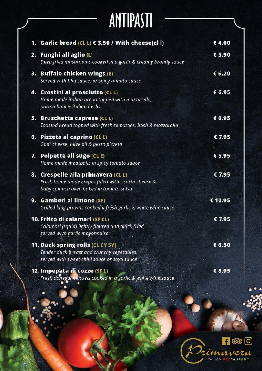 Menu at Primavera Restaurant, Buncrana