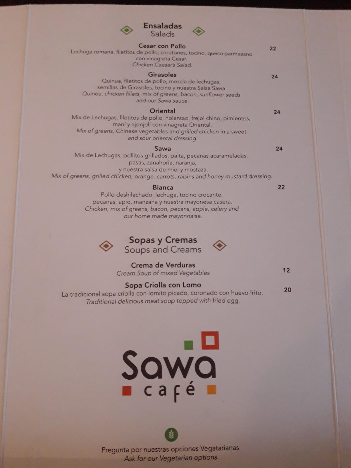 Menu at Sawa Café, Miraflores