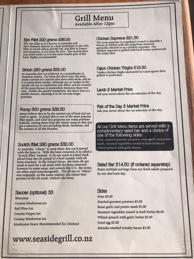 Menu at Seaside Grill cafe, Auckland, 268 Hibiscus Coast Highway Orewa