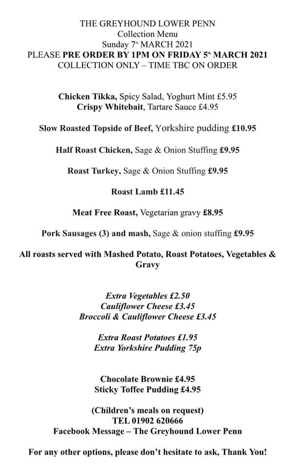 Menu at The Greyhound Inn pub & bar, Wolverhampton, The Greyhound