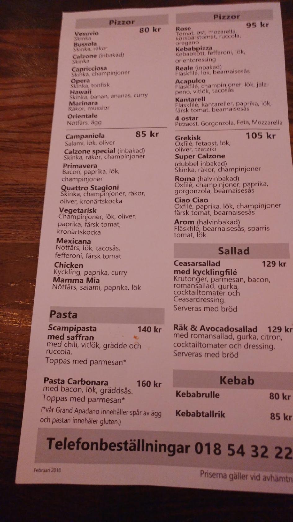 Menu at Arom restaurant, Uppsala, Börjegatan 54D