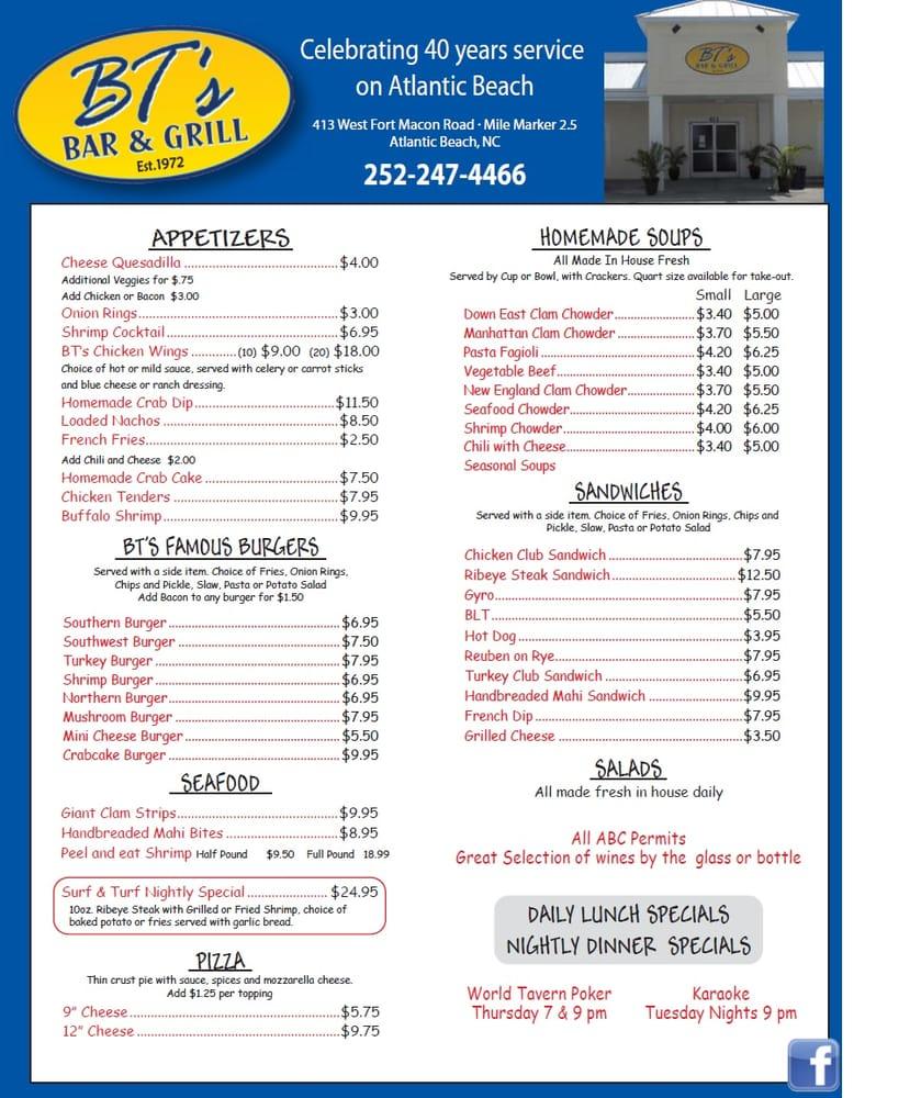 Menu at B T's Bar & Grill, Atlantic Beach