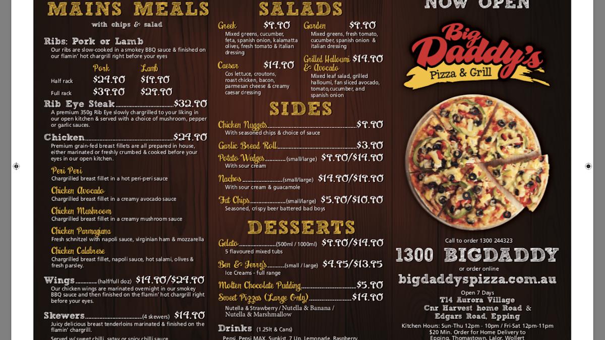 Menu at Big Daddy's Pizza and Grill restaurant, Epping
