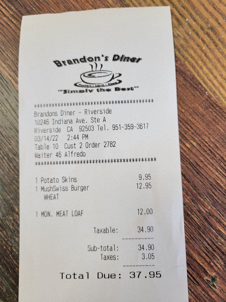 Menu at Brandon's Diner restaurant, Riverside, Indiana Ave