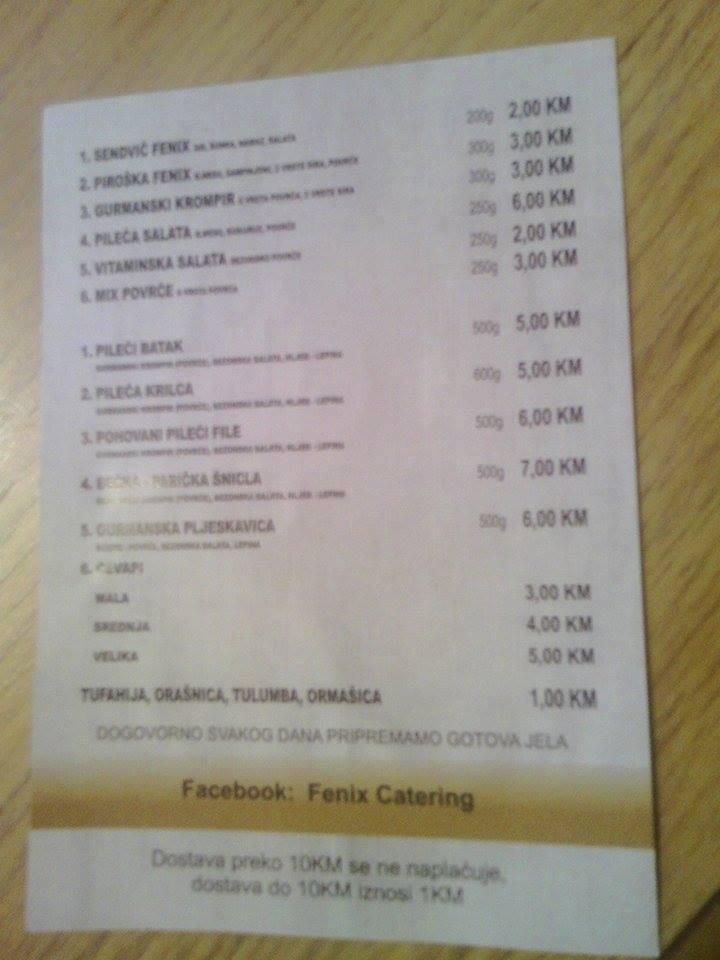 Menu at Fenix Catering restaurant, Tuzla