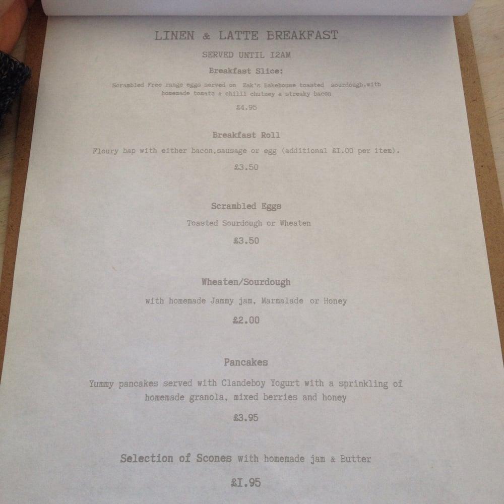 Menu at Linen & Latte cafe, Glengormley