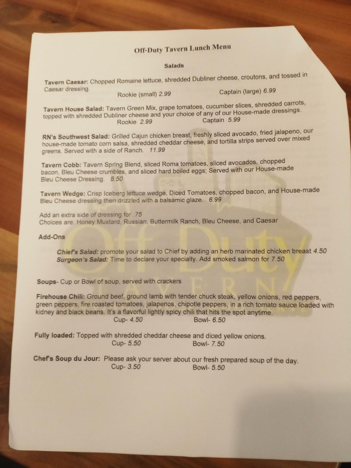 Menu at Off-Duty Tavern restaurant, Ocala