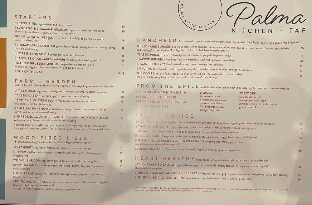 Menu at Palma Kitchen + Tap restaurant, Queen Creek