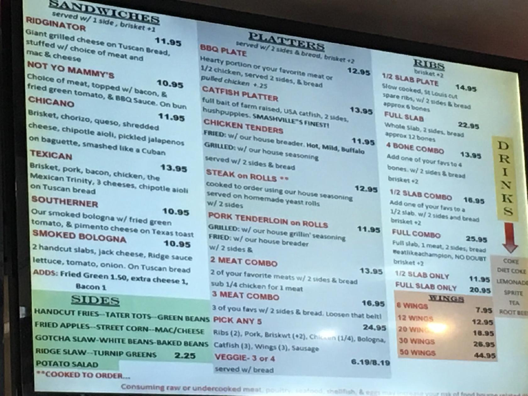 Menu at The Ridge BBQ, Nashville