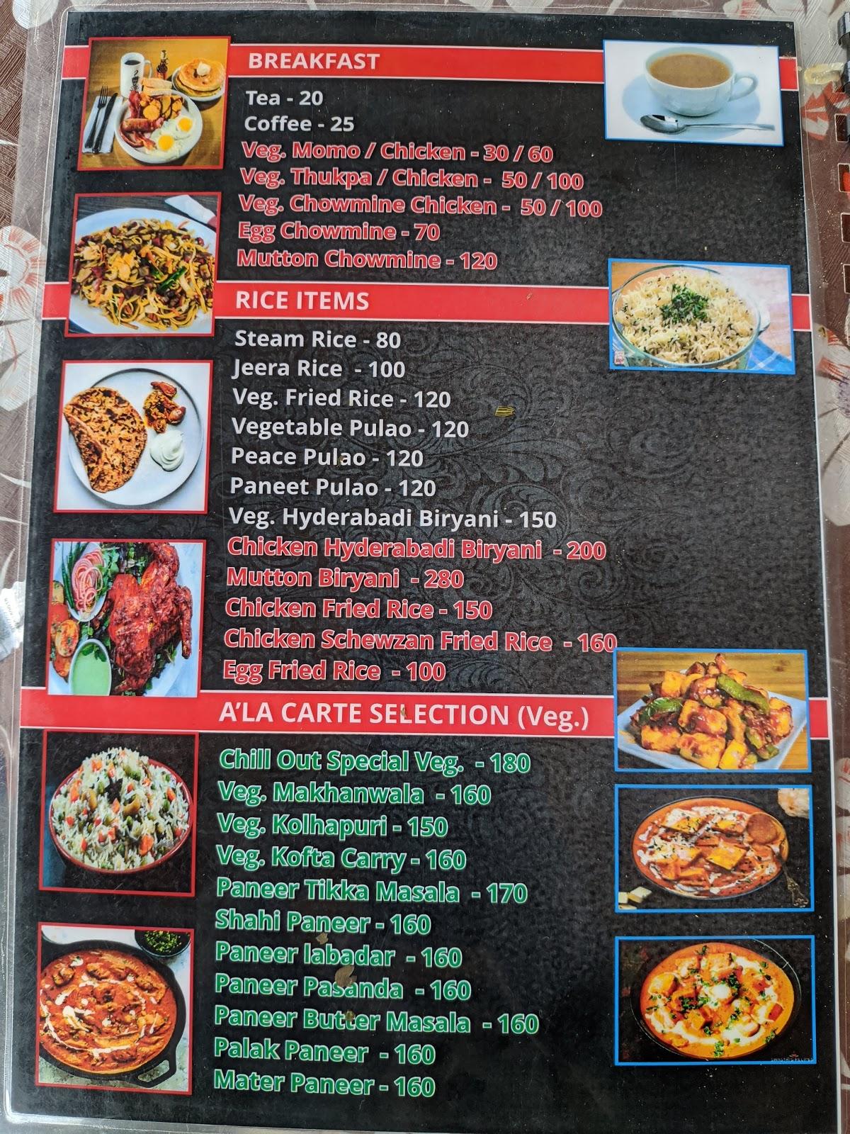 Menu at Chill Out Restaurant, Toorsa Tea Garden