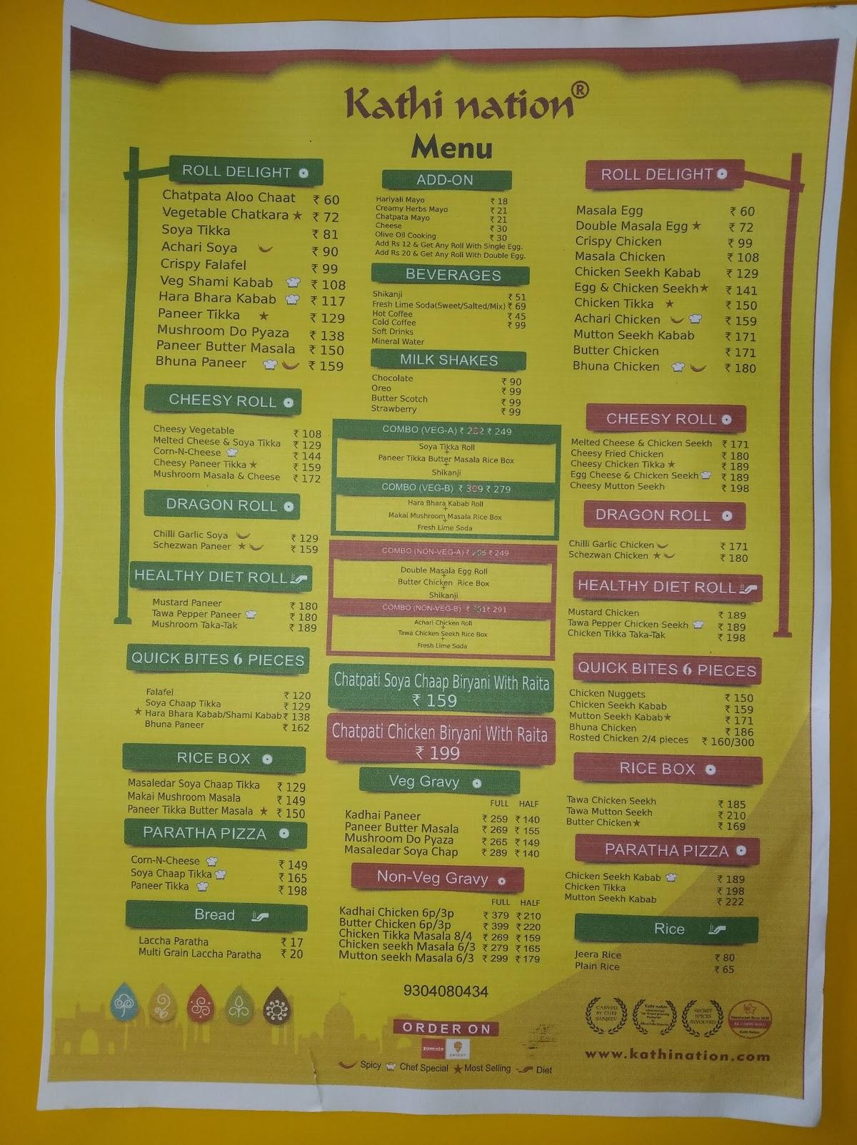 Menu at KATHI NATION ARARIA, Araria
