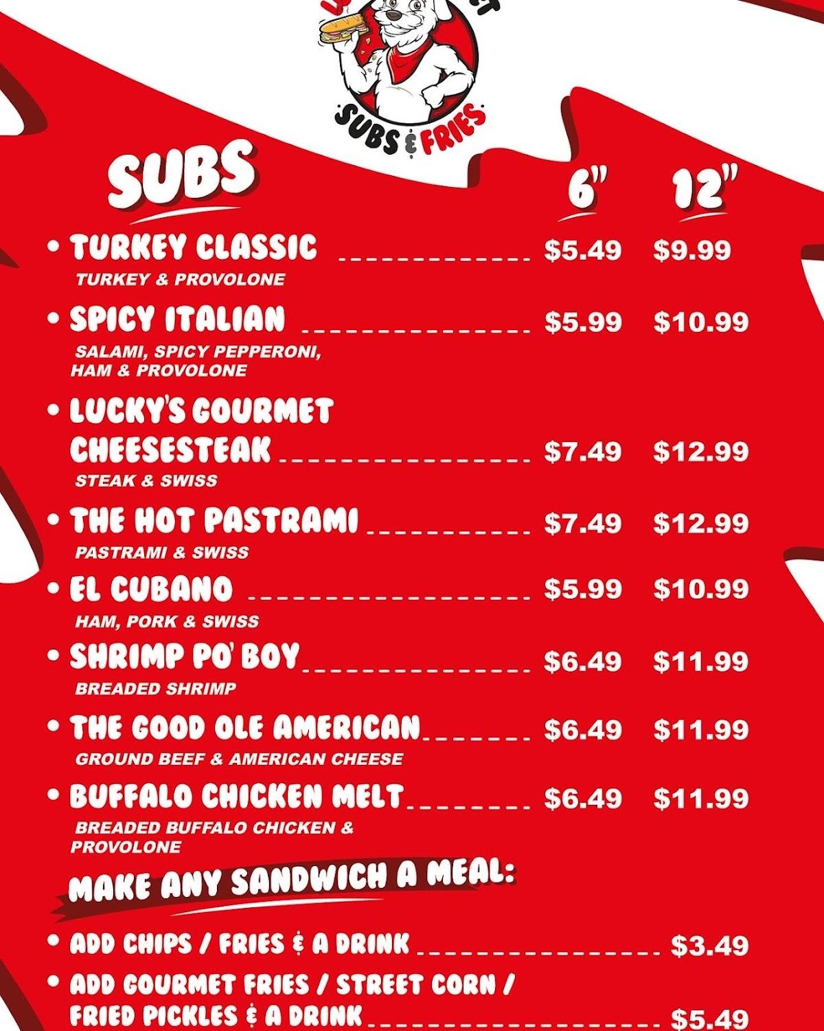 Carta de Lucky’s Gourmet Subs & Fries, Wayne