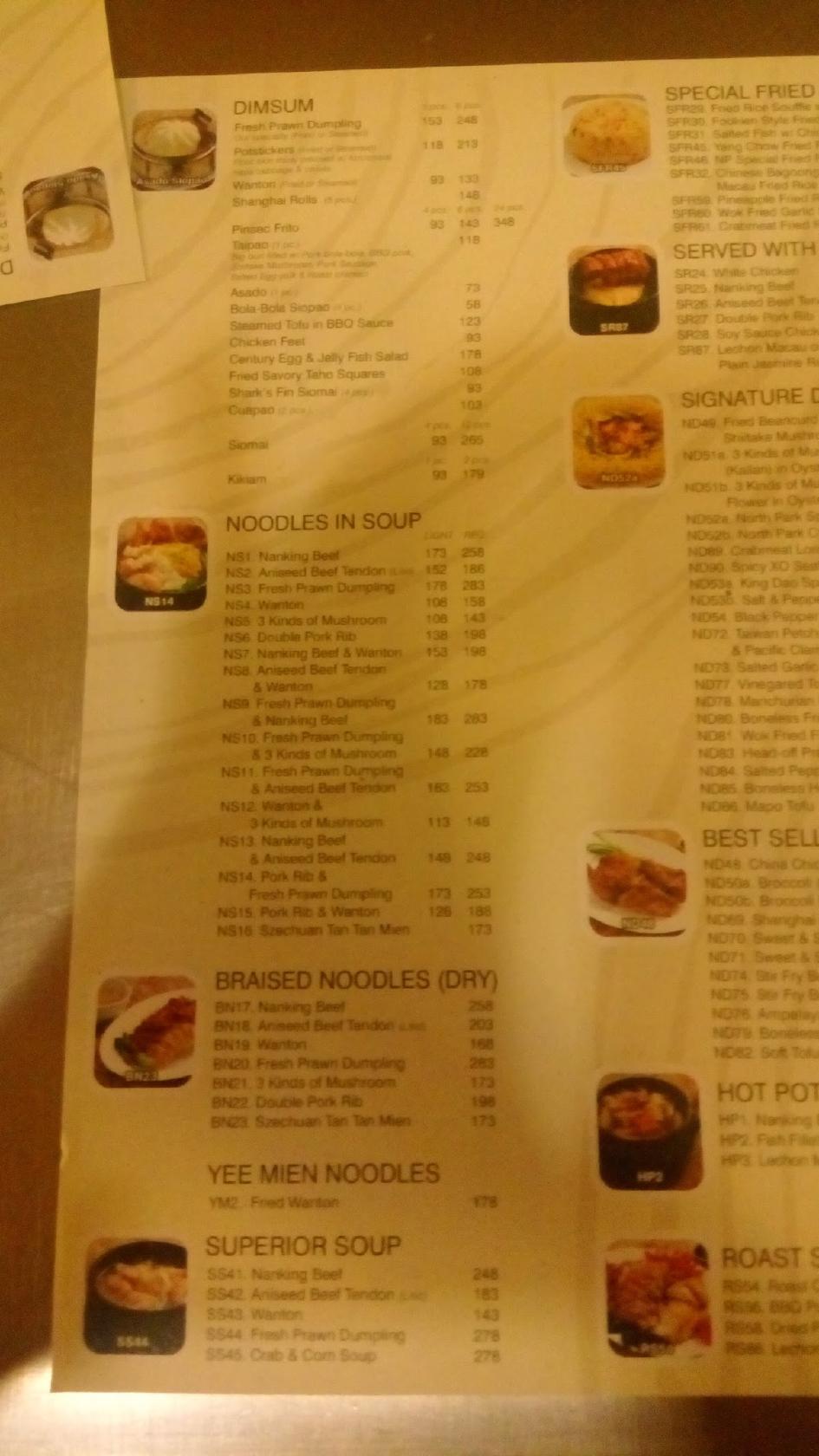 Menu at North Park restaurant, Makati, L.P. Leviste Street