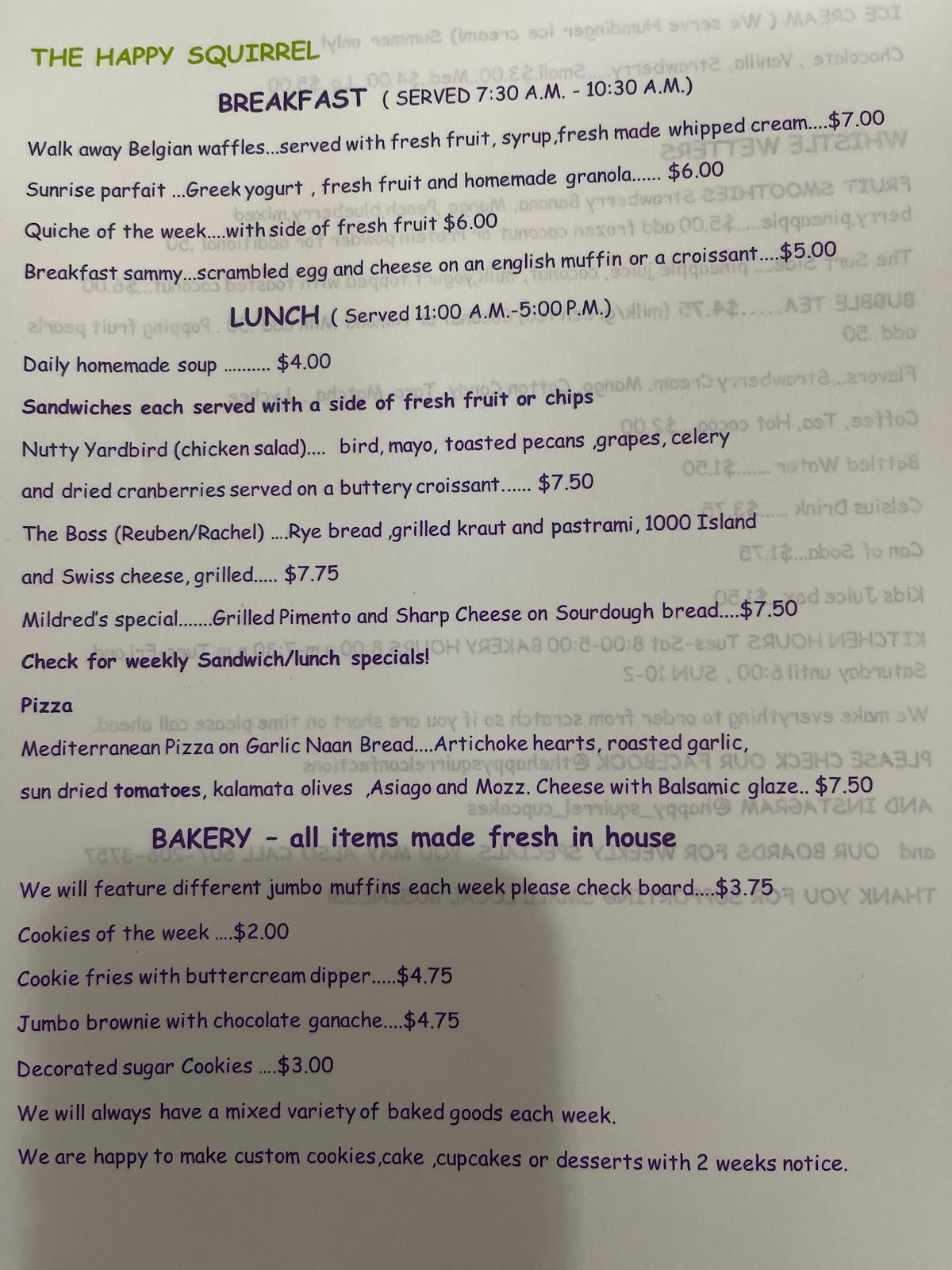 Menu at The Happy Squirrel, Vestal