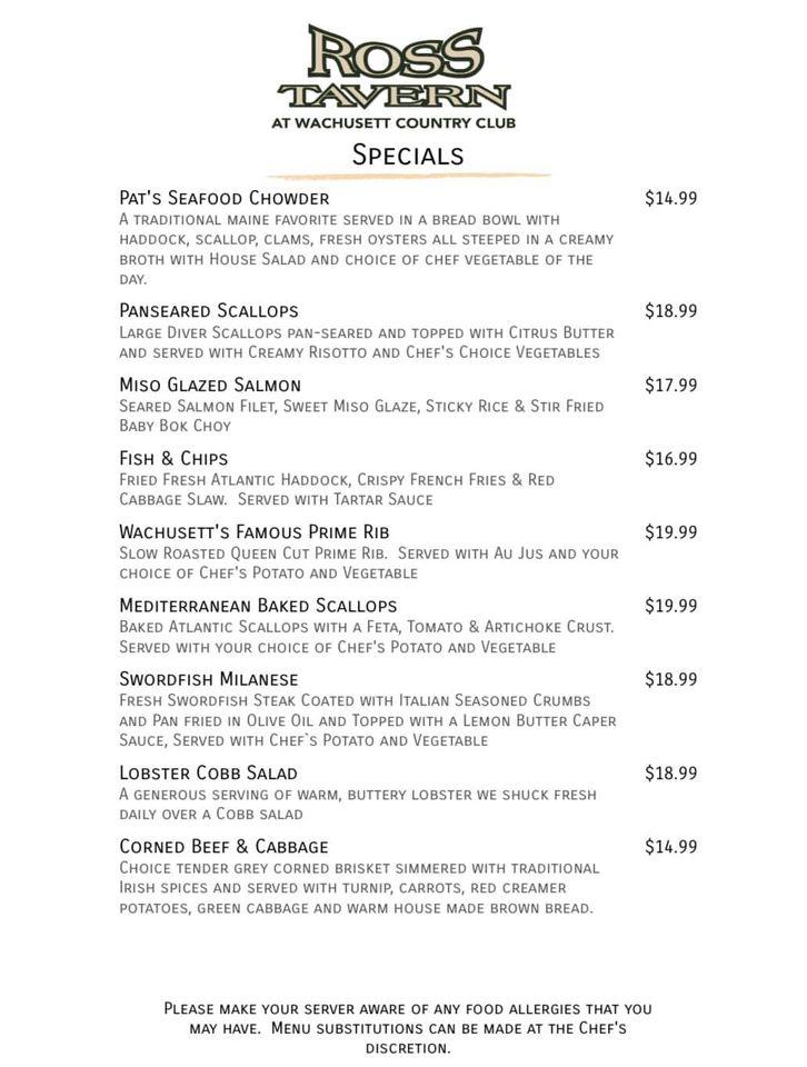 Menu at Ross Tavern at Wachusett Country Club, West Boylston