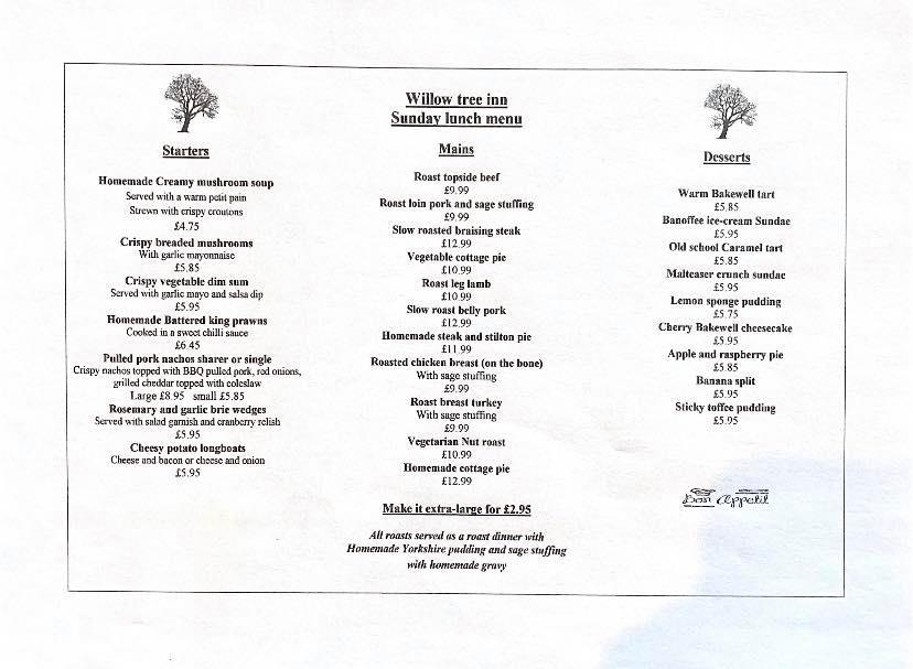 Menu at Willow Tree Inn restaurant, Nottingham