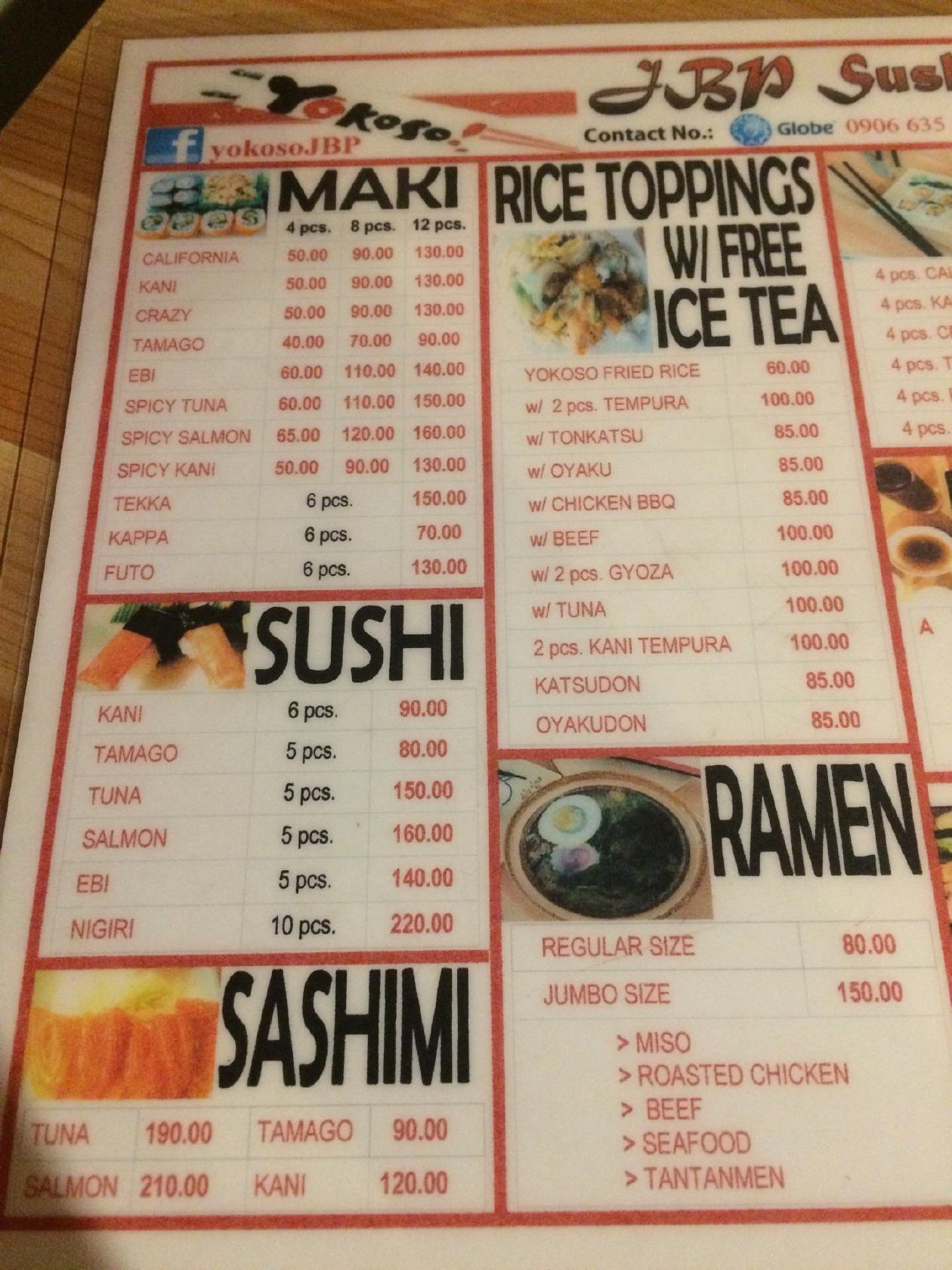 Carta del restaurante Yokoso, Nasugbu