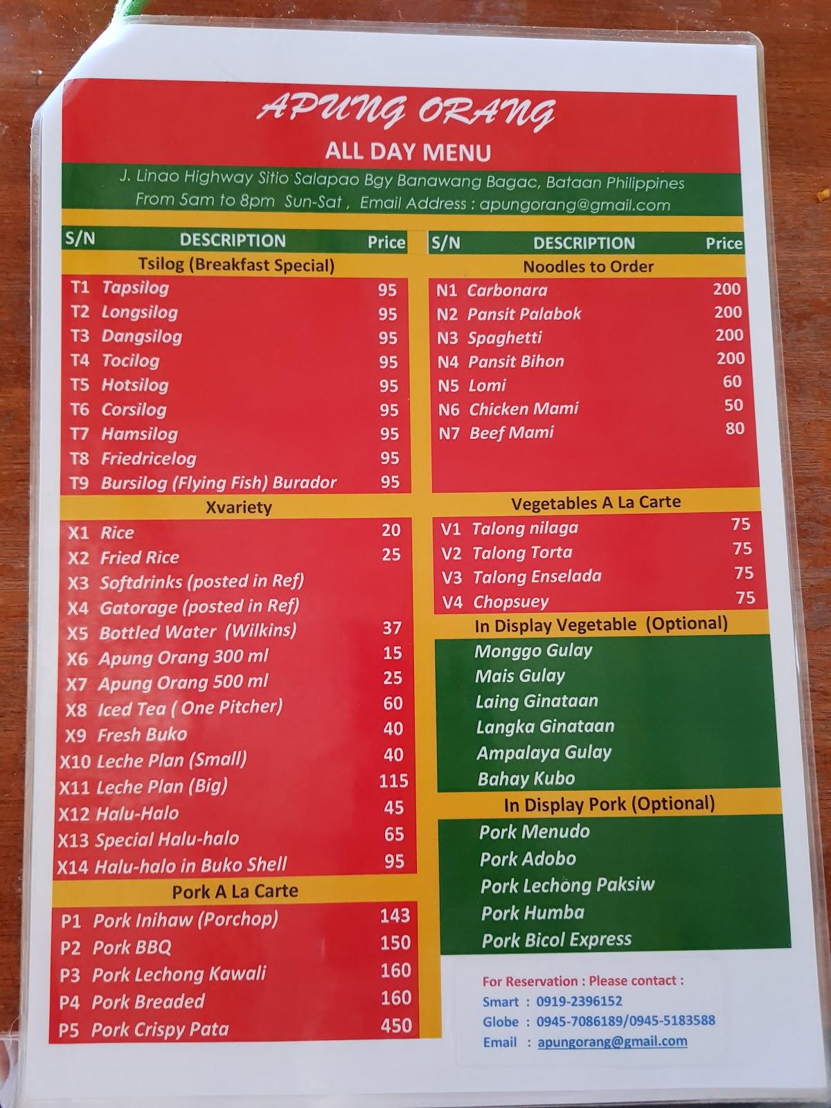 Menu at Apung Orang Kitchenette & Pasalubong restaurant, Bagac