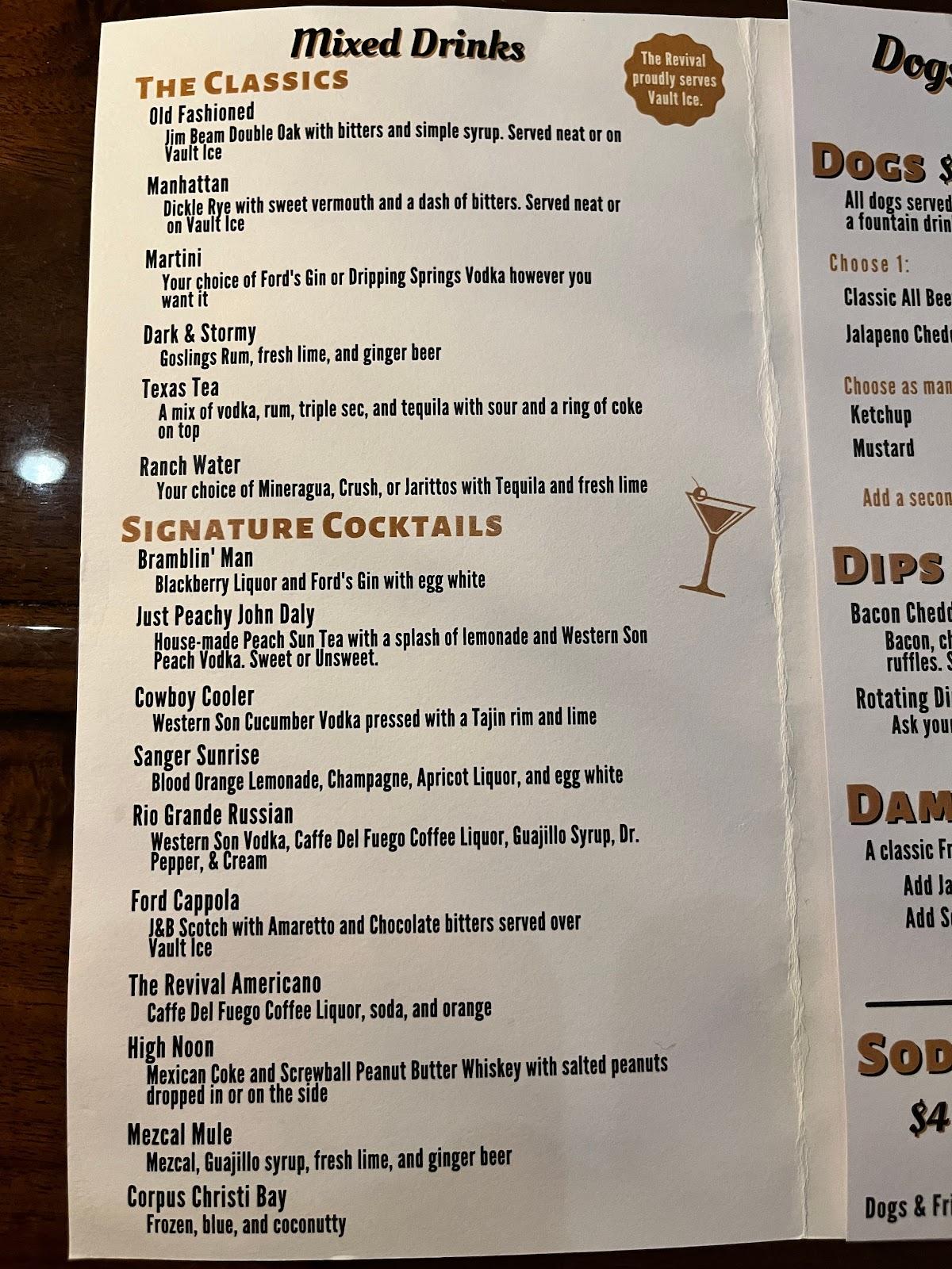 Menu at Bolivar St. Revival & Spirits pub & bar, Sanger