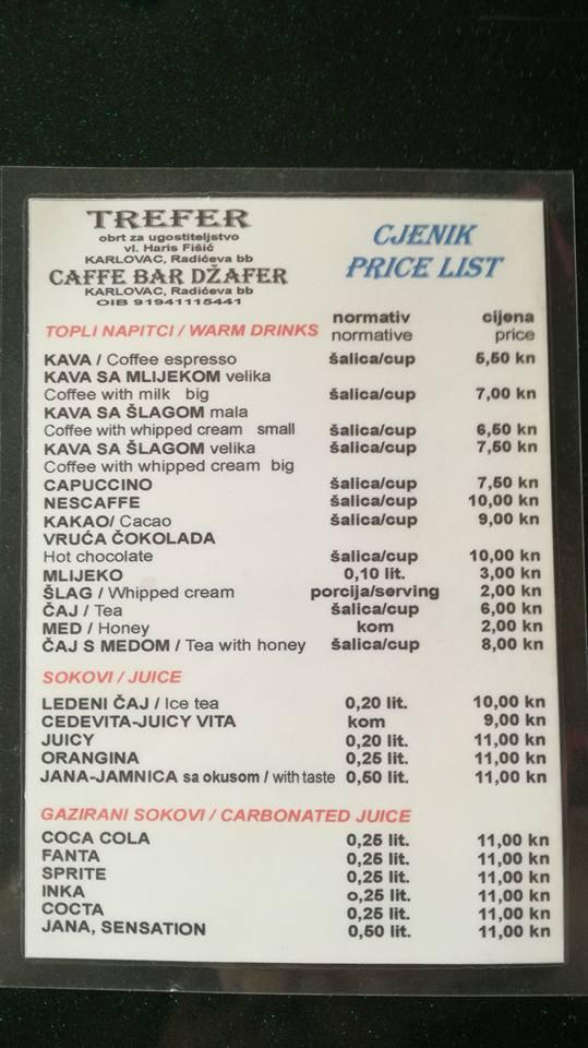 Menu at Caffe Bar Džafer, Karlovac