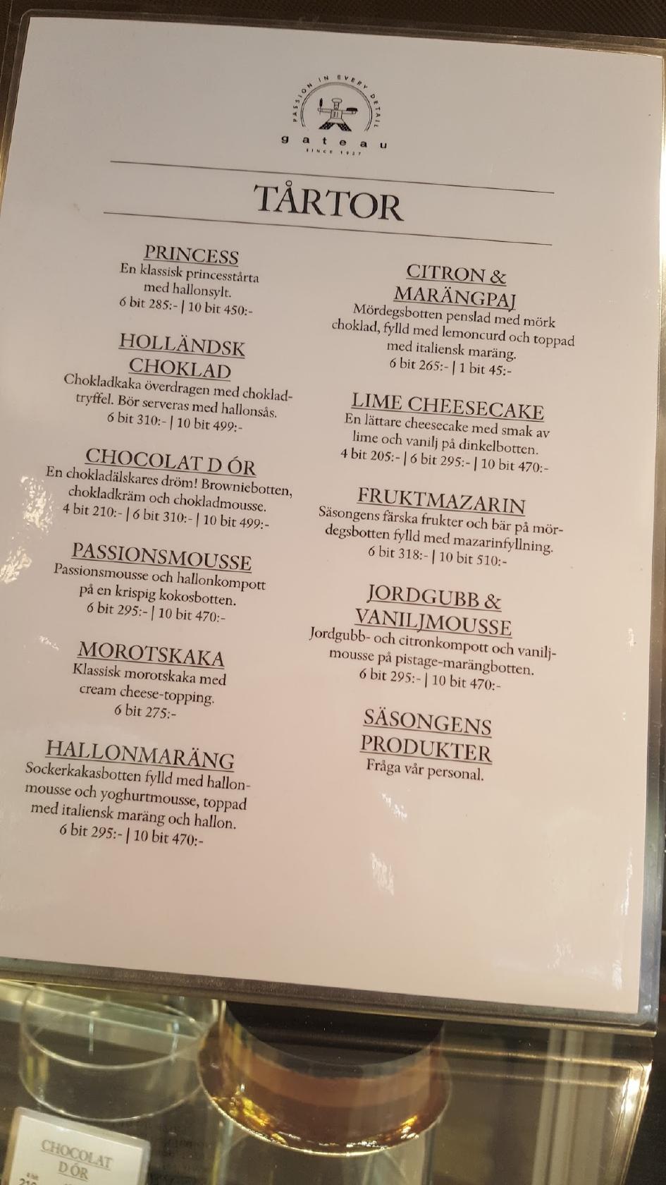 Carta del café Gateau Lidingö Torsvik, municipio del Lidingö ...