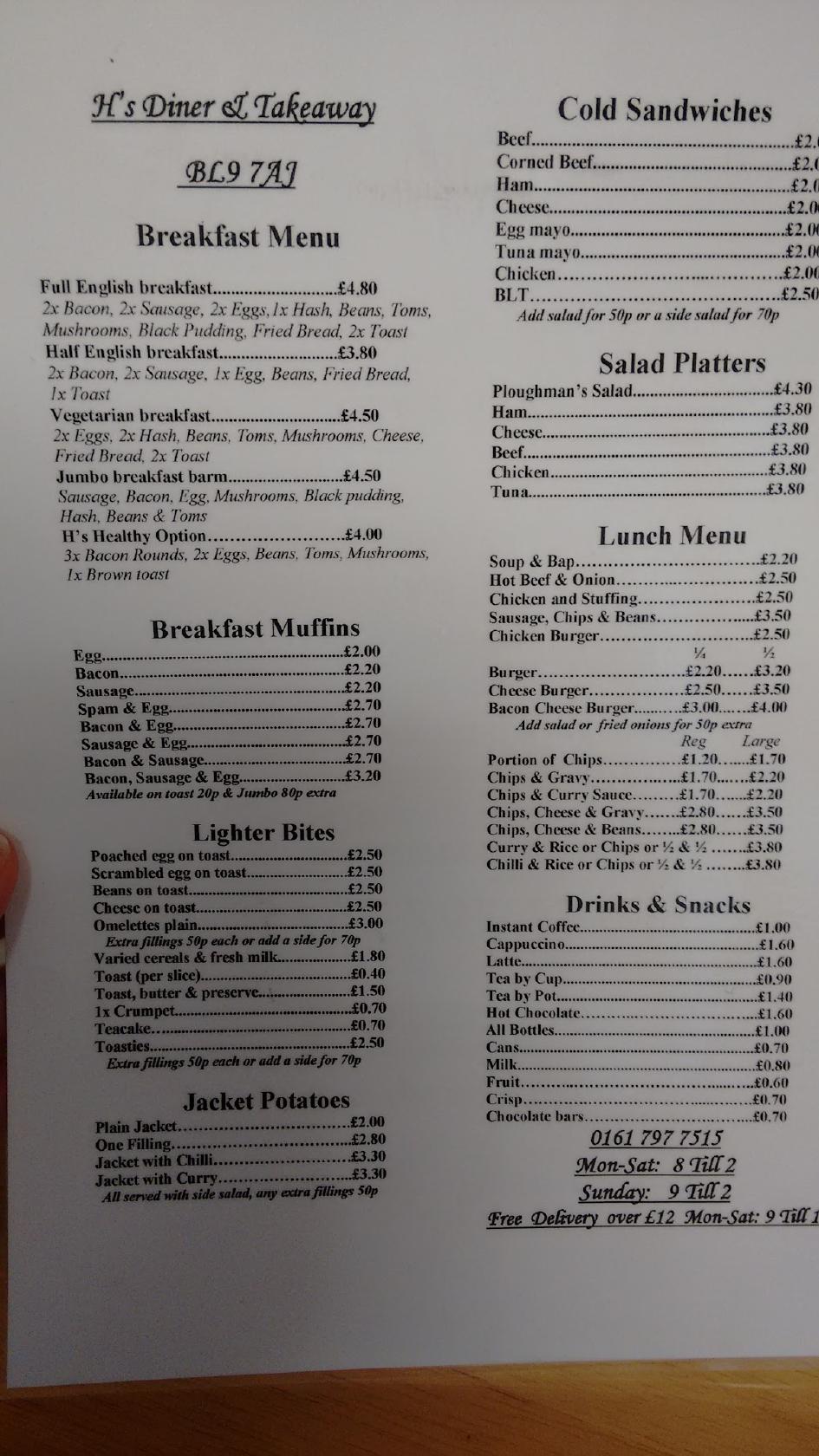 Menu at H Diner & Takeaway restaurant, Bury