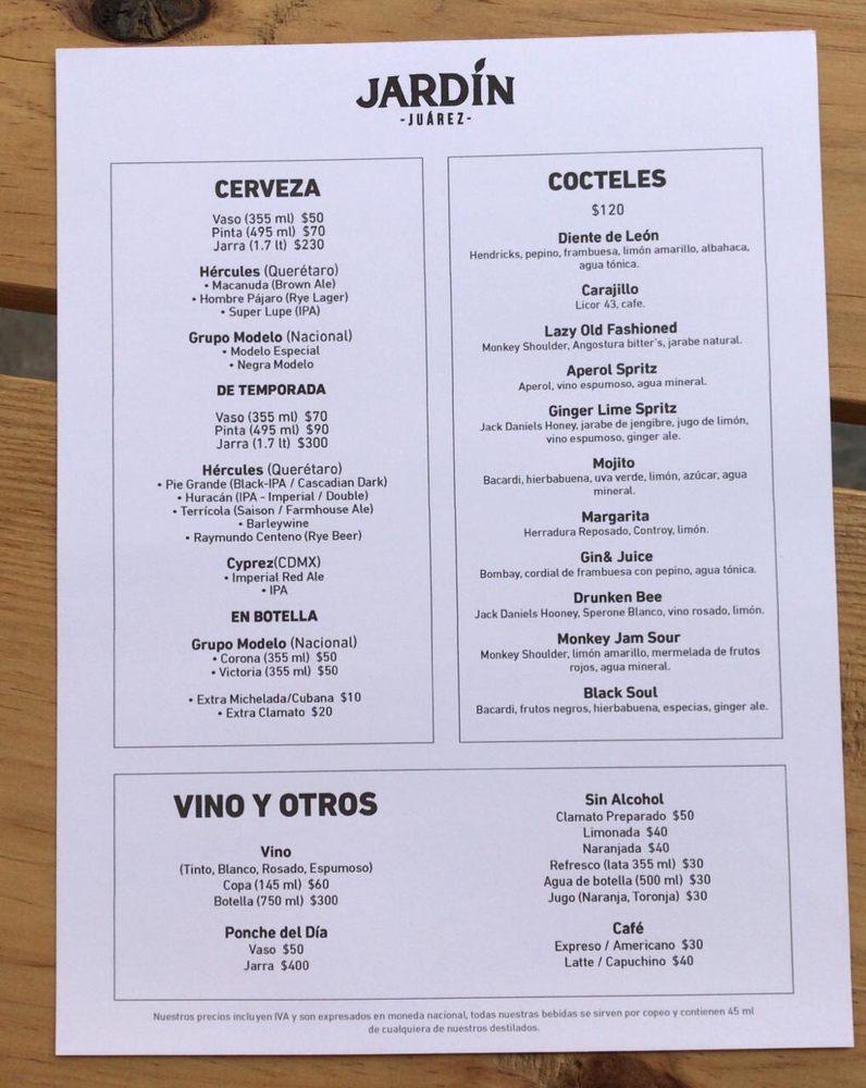Carta del pub y bar Jardín Juárez, Ciudad López Mateos, Av Chapultepec 61