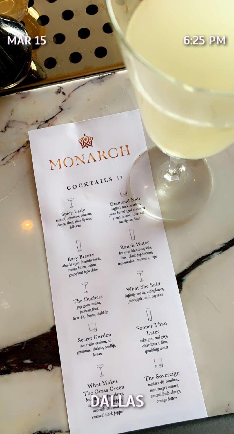 Menu at Monarch Restaurant, Dallas