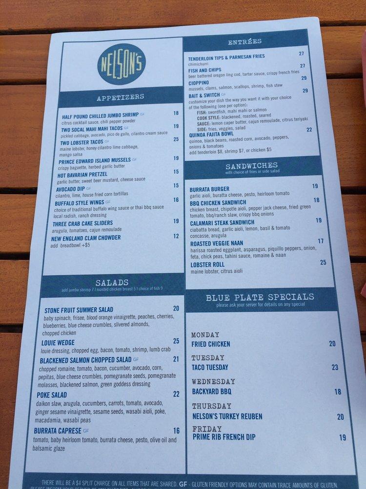Menu at Nelson's restaurant, Rancho Palos Verdes, 100 Terranea Way