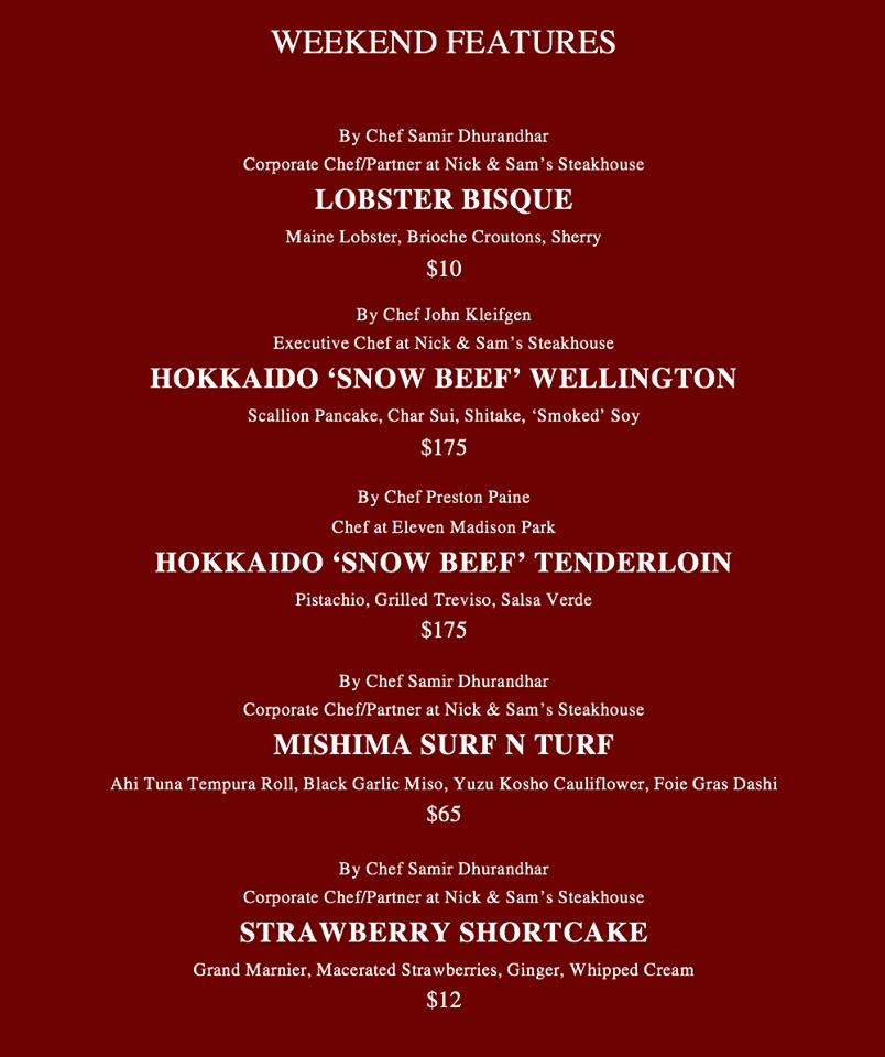 Menu at Nick & Sam's steakhouse, Dallas, Maple Ave