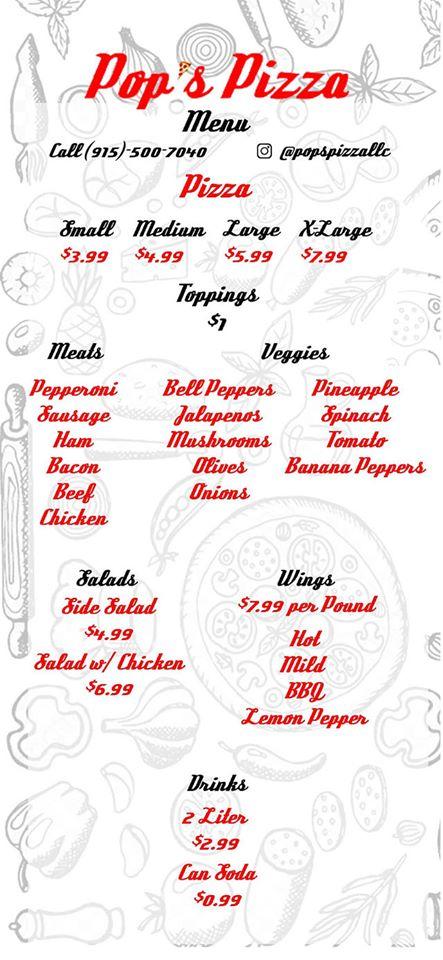 Menu at Pop's Pizza pizzeria, El Paso