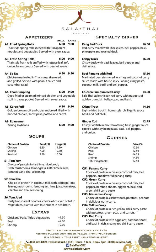 Menu at Sala Thai restaurant, Oklahoma City