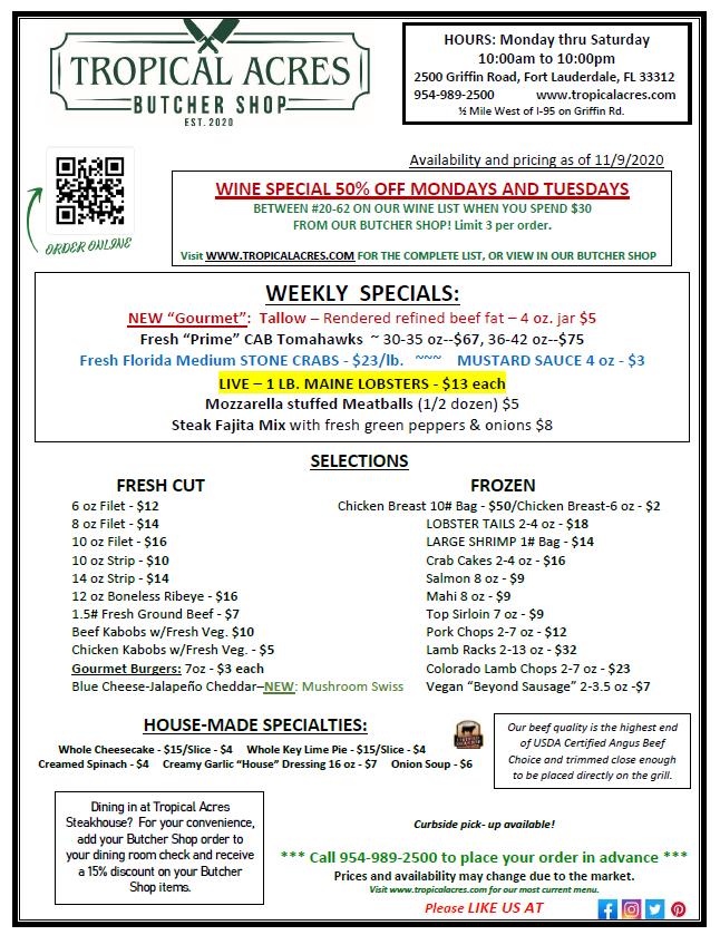 Menu at Tropical Acres Steakhouse, Fort Lauderdale