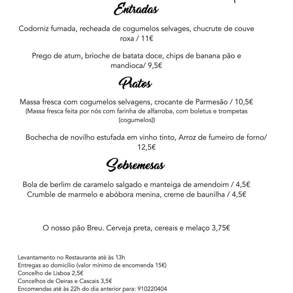 Menu at 1300 Taberna restaurant, Lisbon